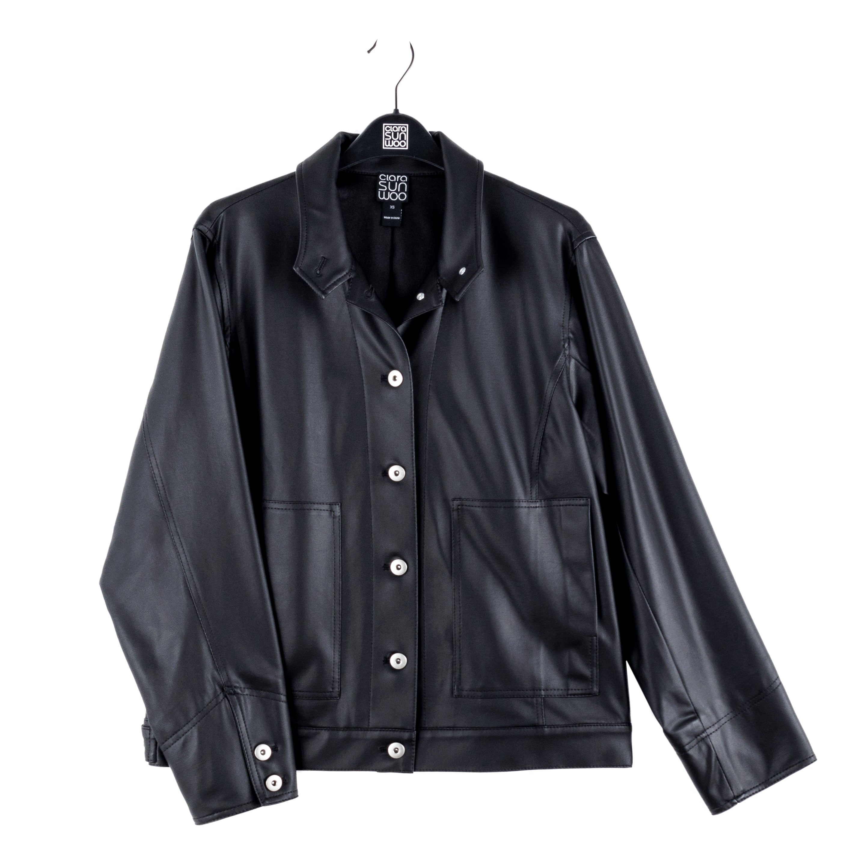 Liquid Leather™ Sheen Button Closure Pocket Jacket - Black – Clara Sunwoo