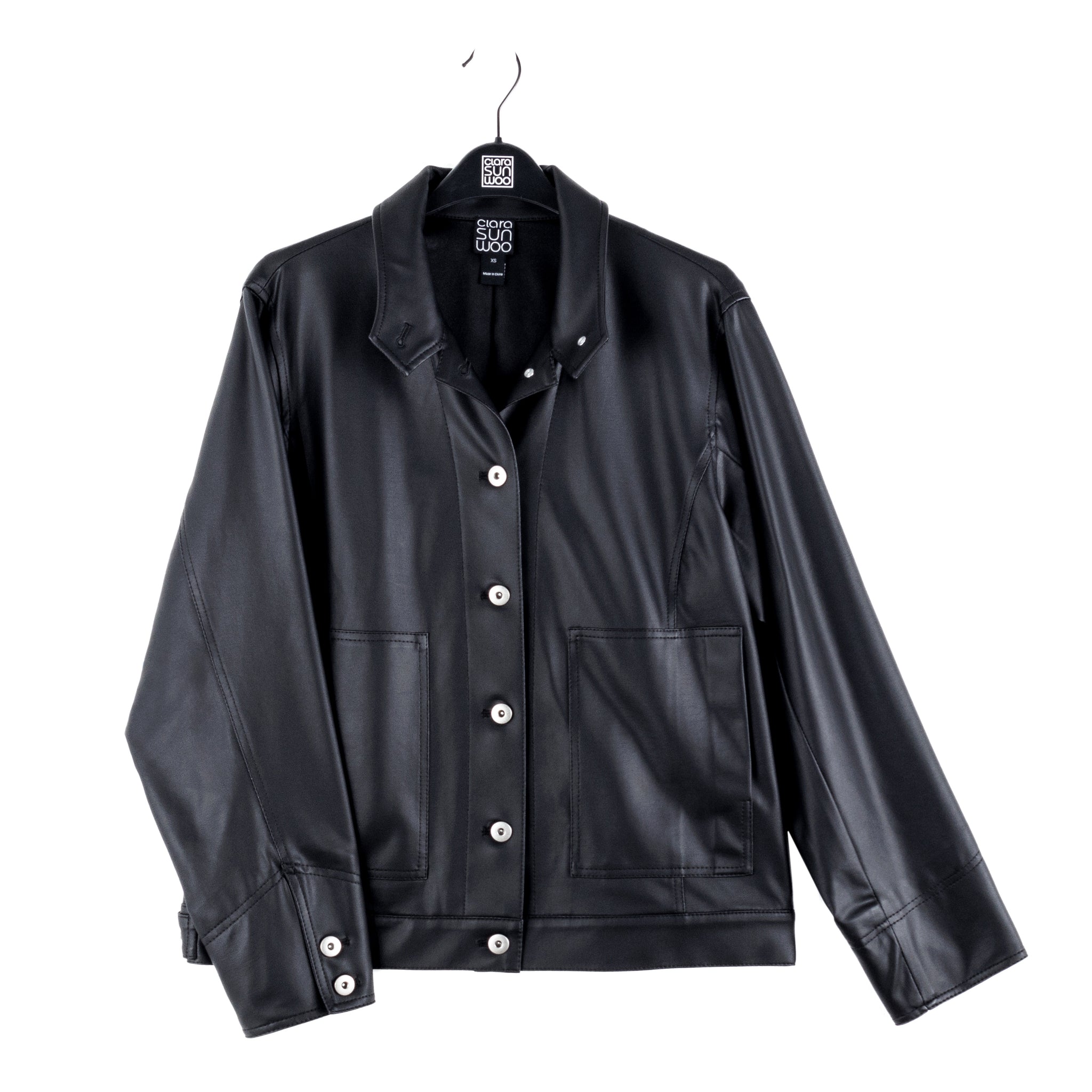 Liquid Leather™ Sheen Button Closure Pocket Jacket - Black – Clara Sunwoo