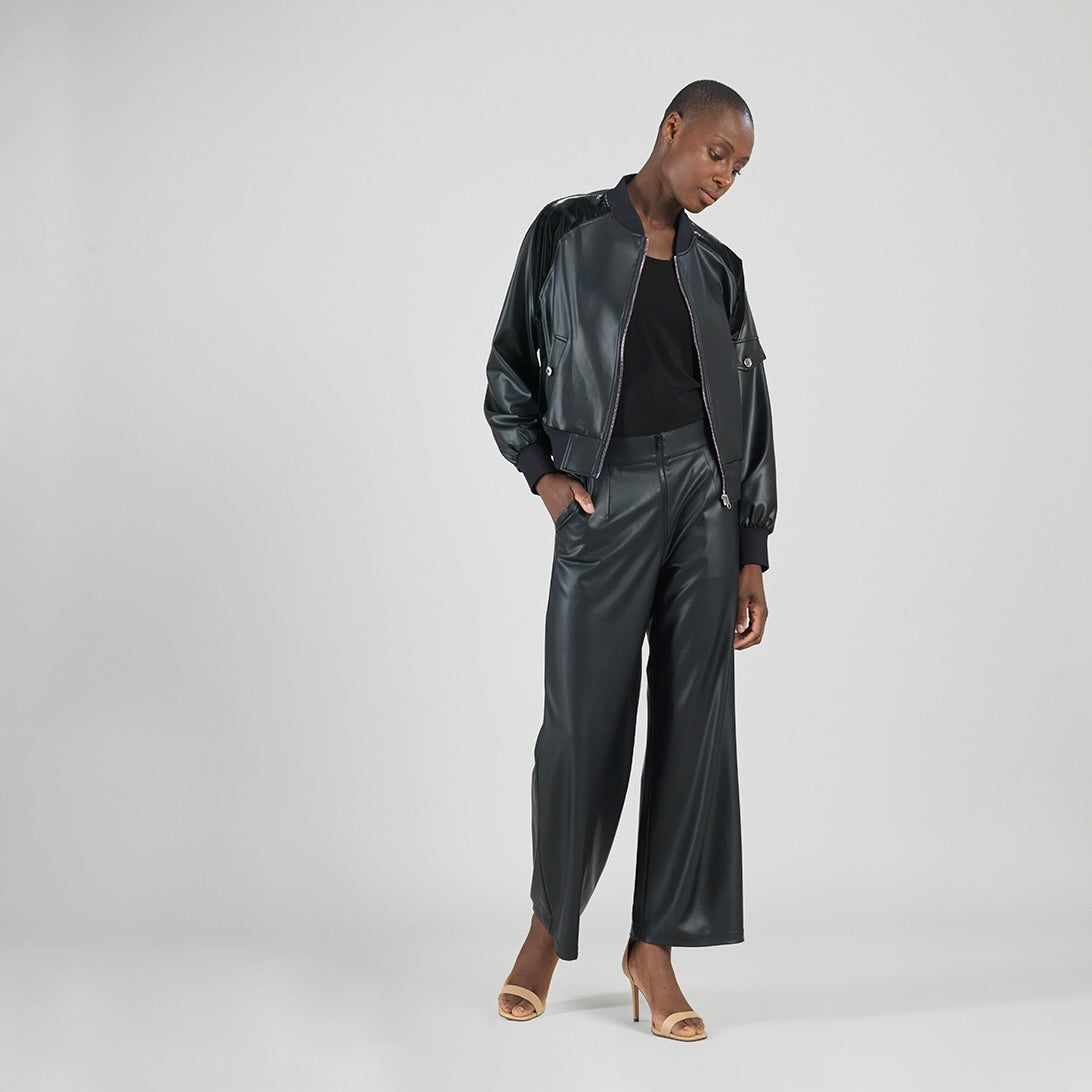 Liquid Leather™ + Vinyl Panel Varsity Bomber Jacket - Black – Clara Sunwoo