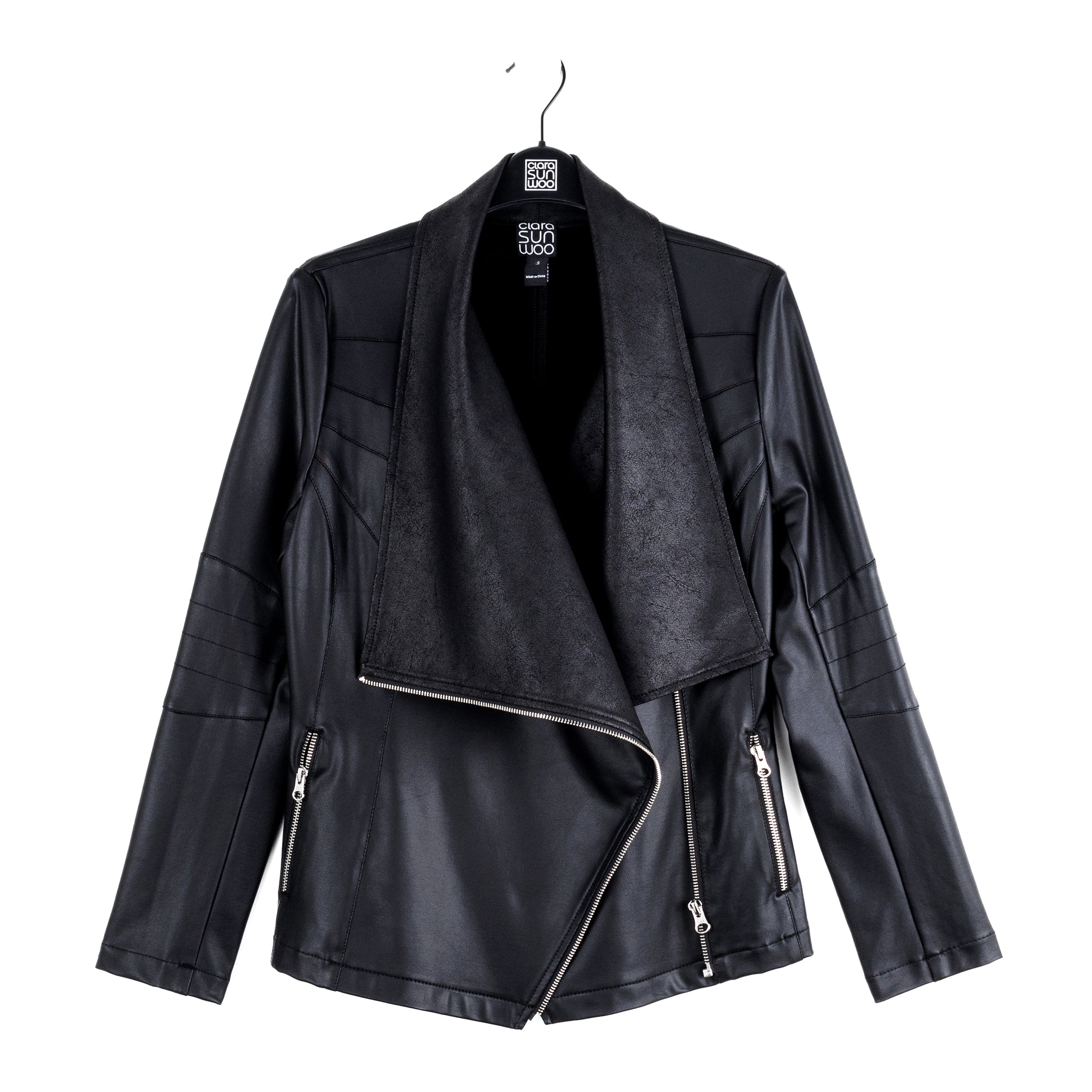 Liquid Leather™ Drape Neck Zip Jacket - Black – Clara Sunwoo