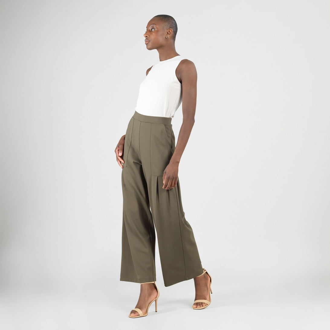 Rayon-Ponte Knit - Pleated Wide Leg Pocket Pant - Olive – Clara Sunwoo