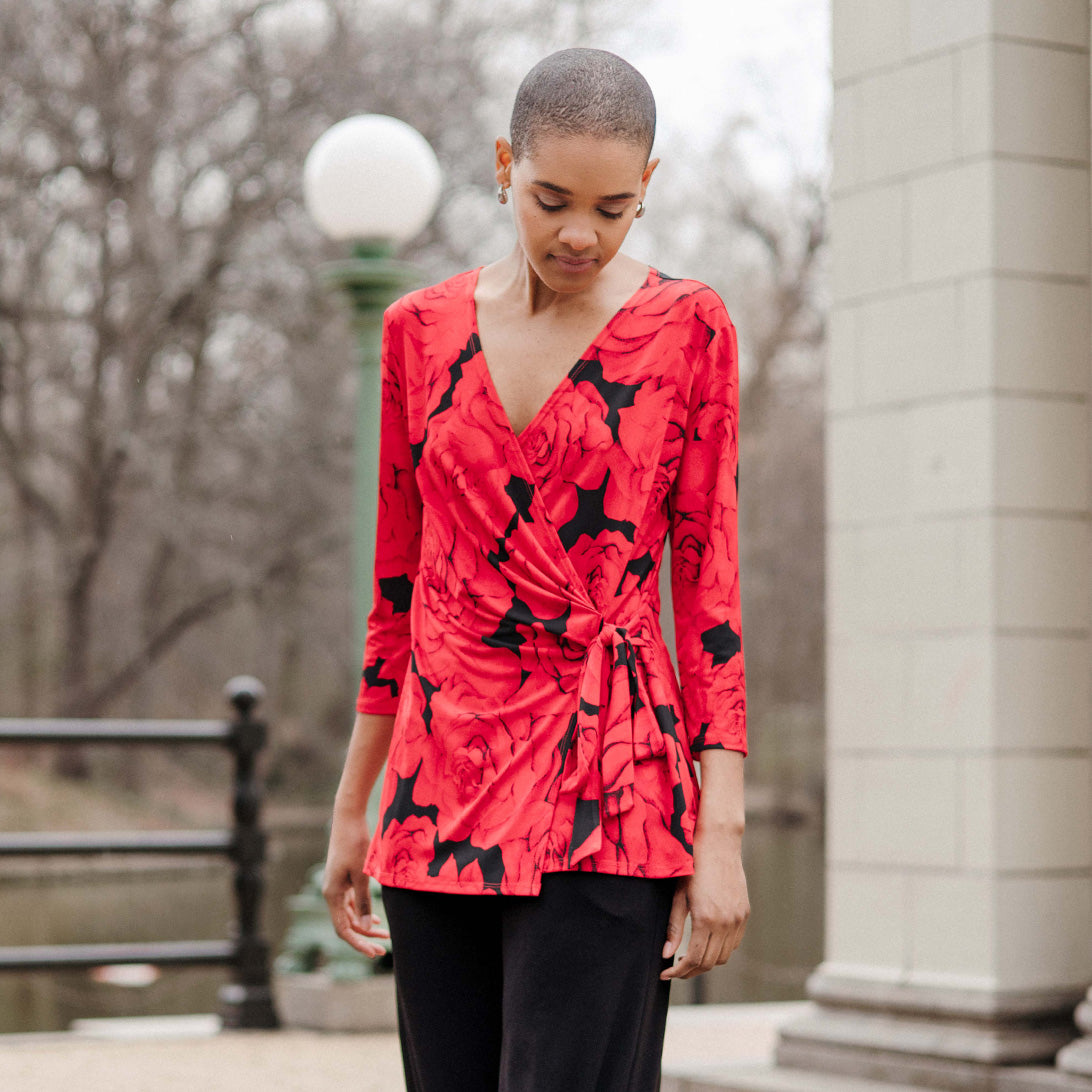 Surplice Faux Wrap Side Tie Tunic - Rose Floret - Final Sale! – Clara ...