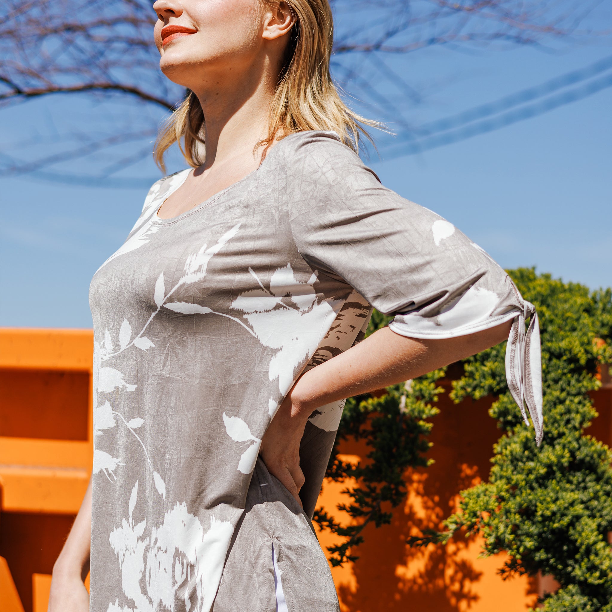 Crushed Silk Knit - Tie Cuff Asymmetrical Vent Tunic - Dreamy Floral-T ...